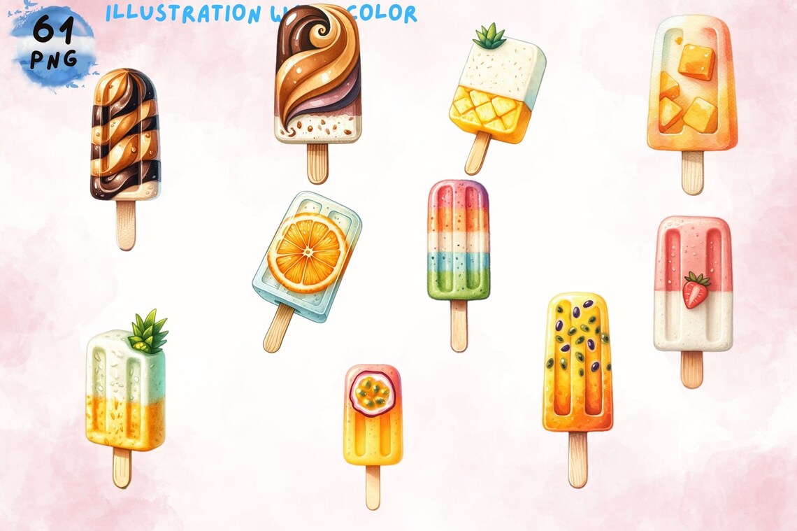 Pastel Summer Popsicle Clipart: Watercolor Ice Cream Pngs (digital ...