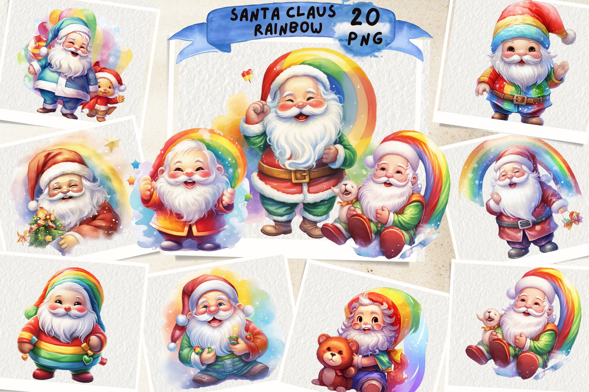 Santa Claus Rainbow Watercolor Clipart Cute Santa Clipart - Etsy