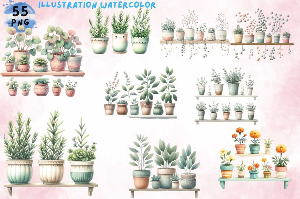House Plant Watercolor Clipart, Potted Plant Illustration, Greenery ...