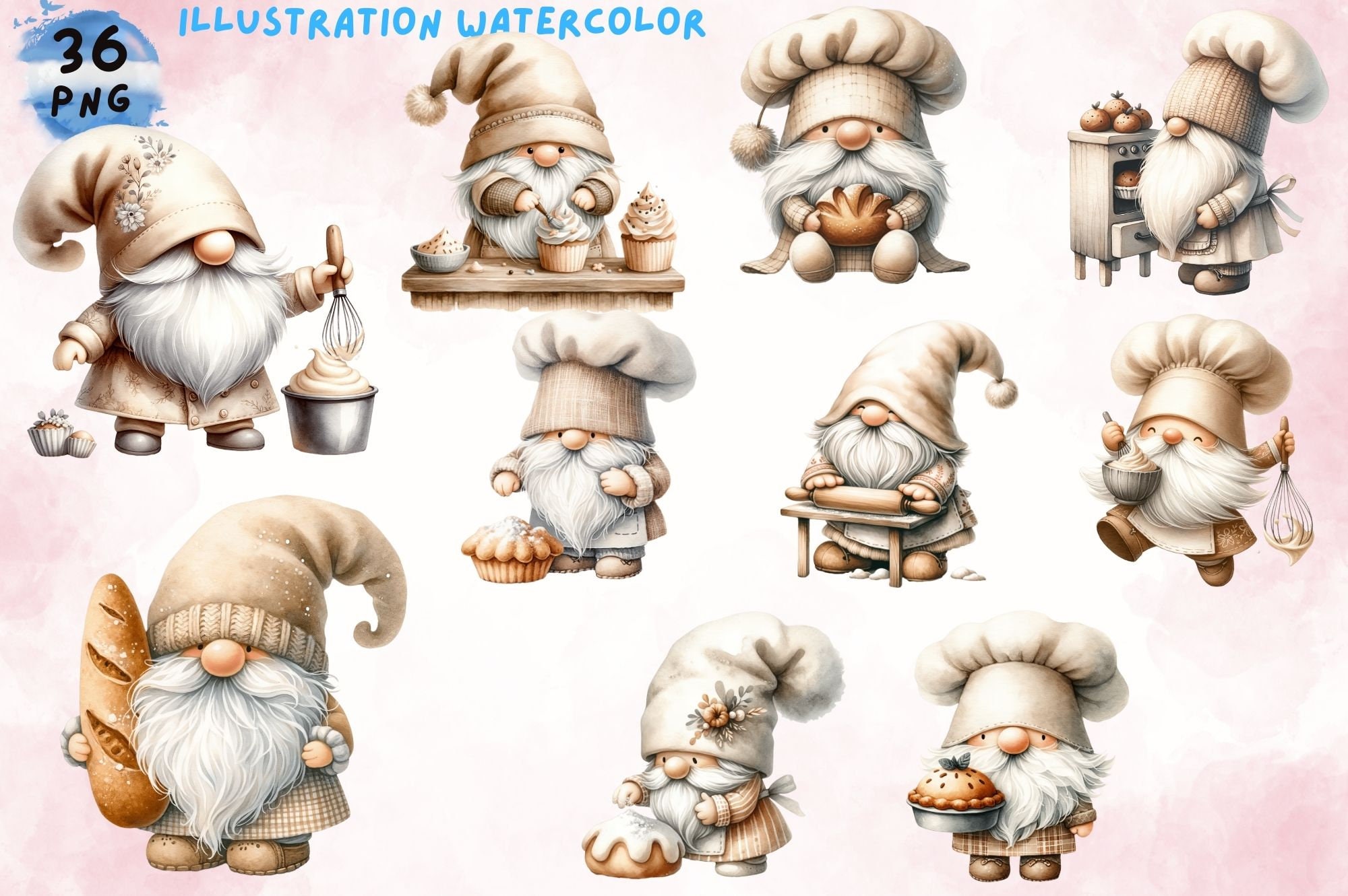 Baker Gnome Watercolor Clipart, Gnome Pastry Chef Clipart, Chef Gnome ...