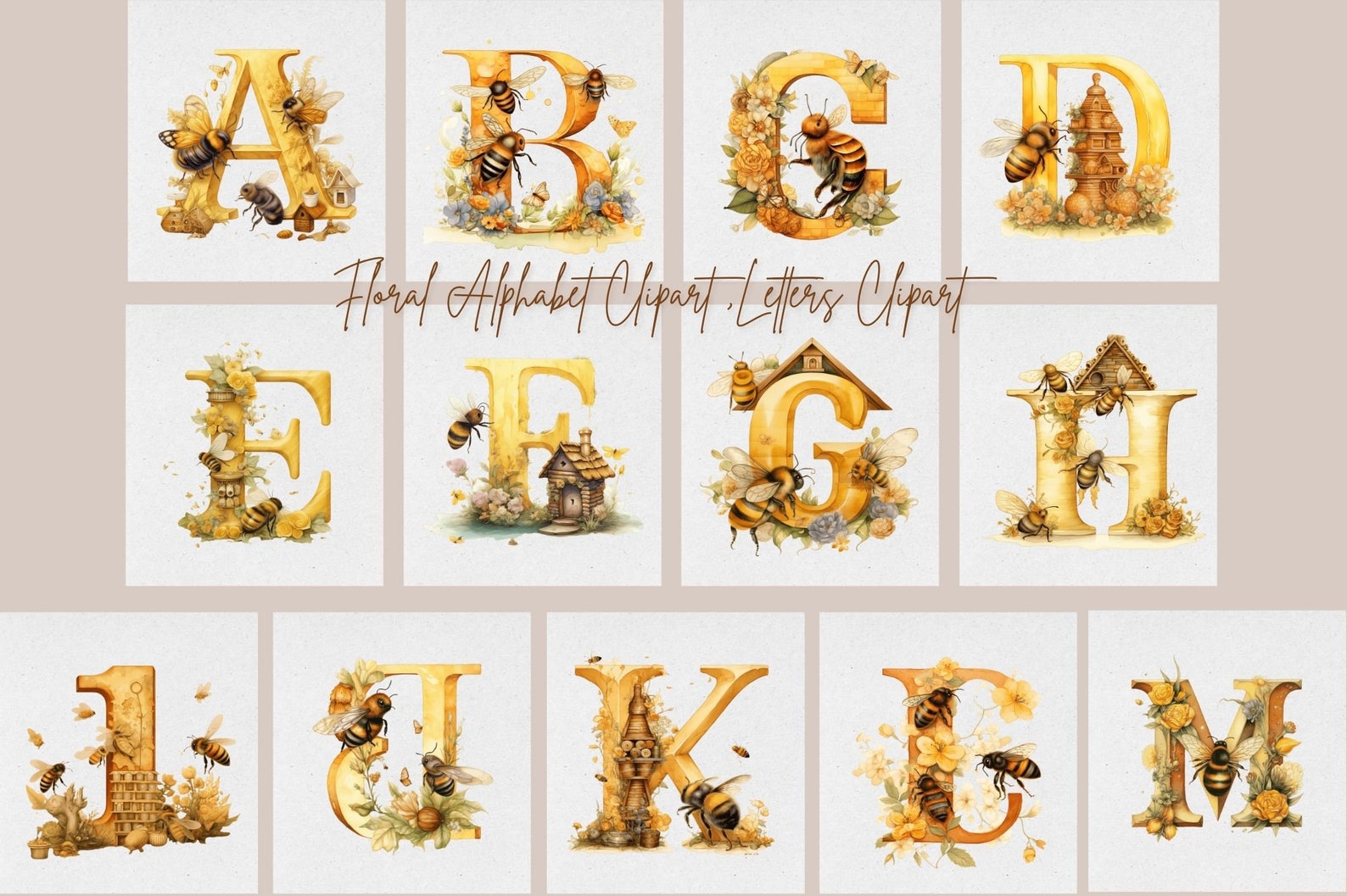 Bee Alphabet Bundle, Bee Png, Honey Doodle Letters, Clip Art Letters ...