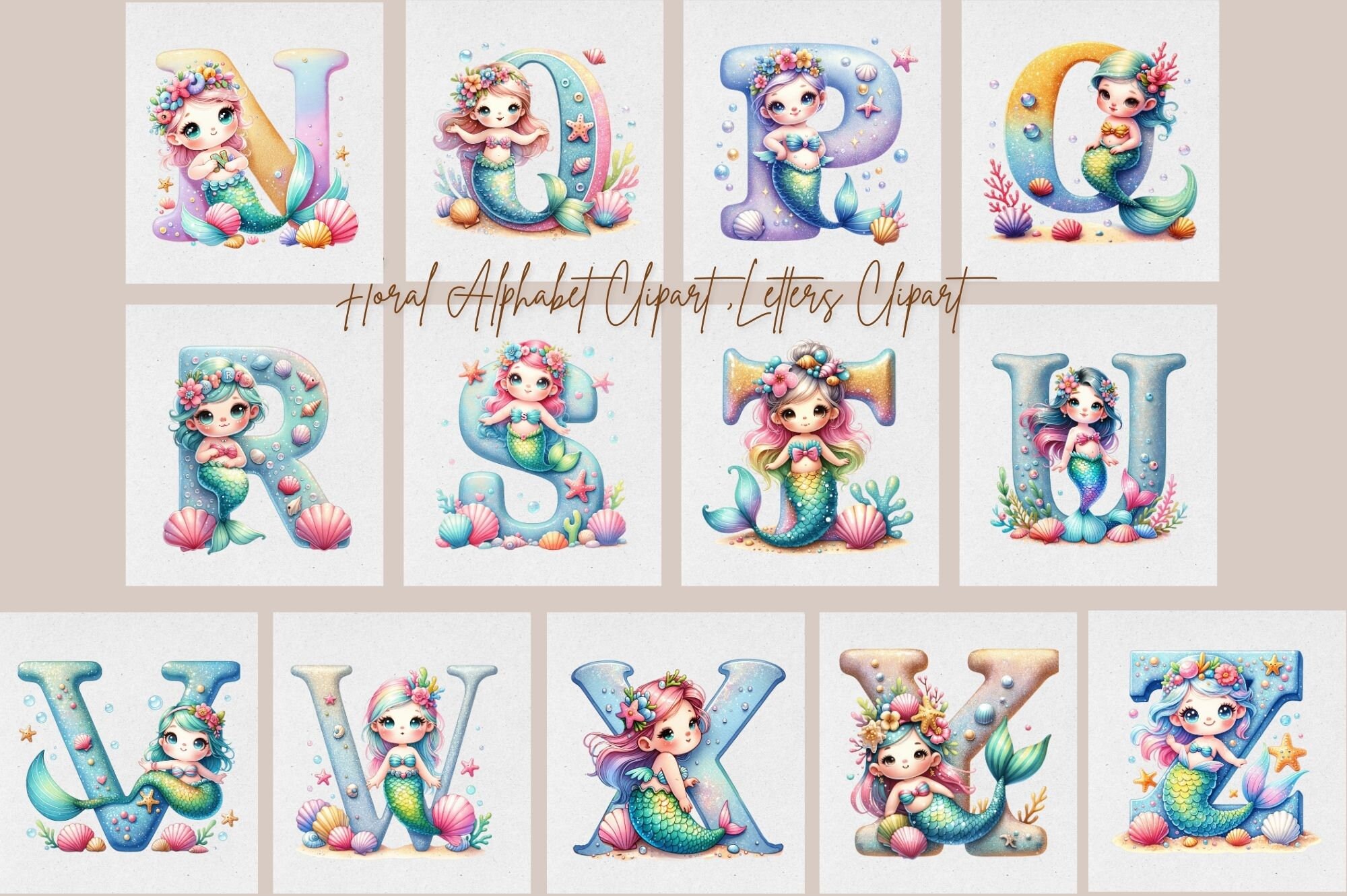 Mermaid Alphabet Clipart: Doodle Watercolor Letters (PNG) - Etsy