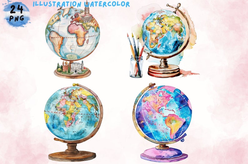 Globe Watercolor Clipart, Map Globe Watercolor Clipart, Cute Globe ...