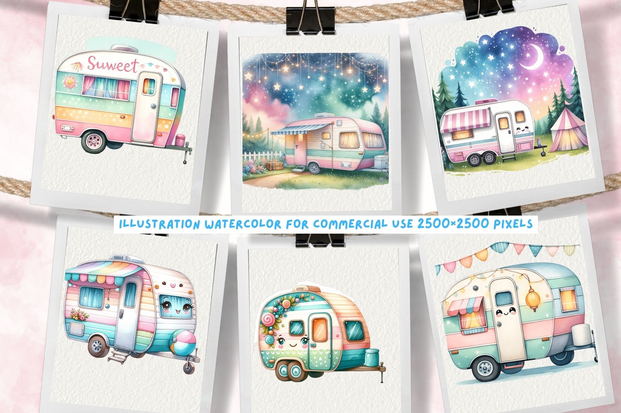 Pastel Camper Trailer Coloring Pages: Scrapbook, Junk Journal (digital ...