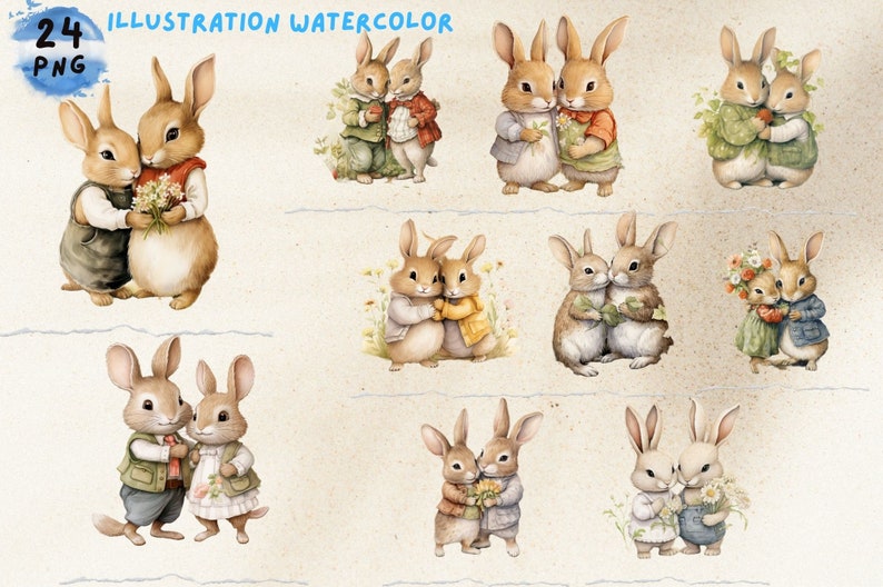 Rabbit Hugs Love Clipart, Love Bunnies, Watercolor Clipart, Digital ...
