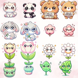 Kawaii Spring Clipart. Cute Flowers, Animals, Rainbows, Bunny, Bee ...