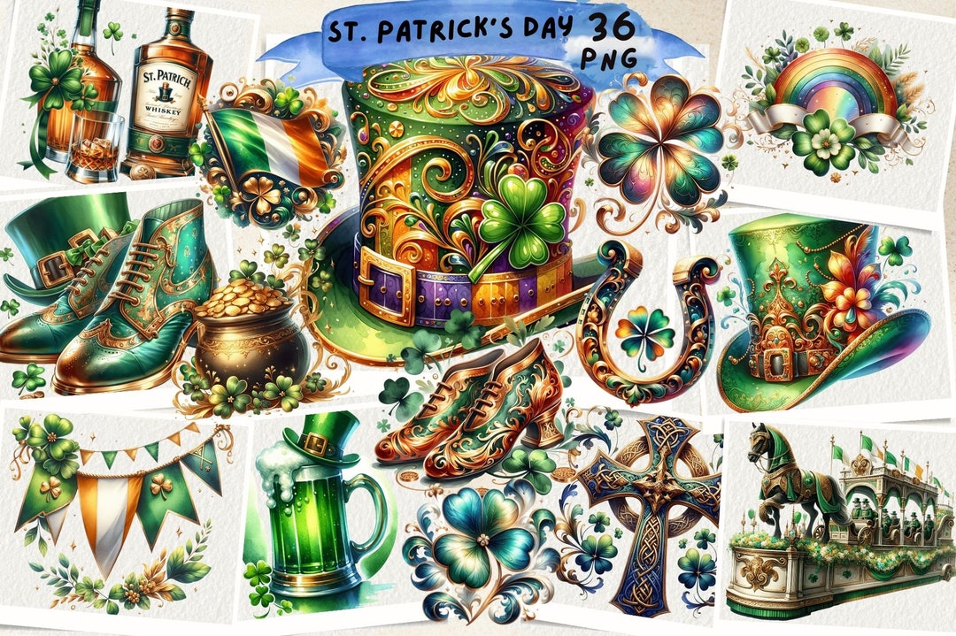 St. Patrick's Day Watercolor Clipart: Shamrock, Leprechaun, Pot of Gold ...