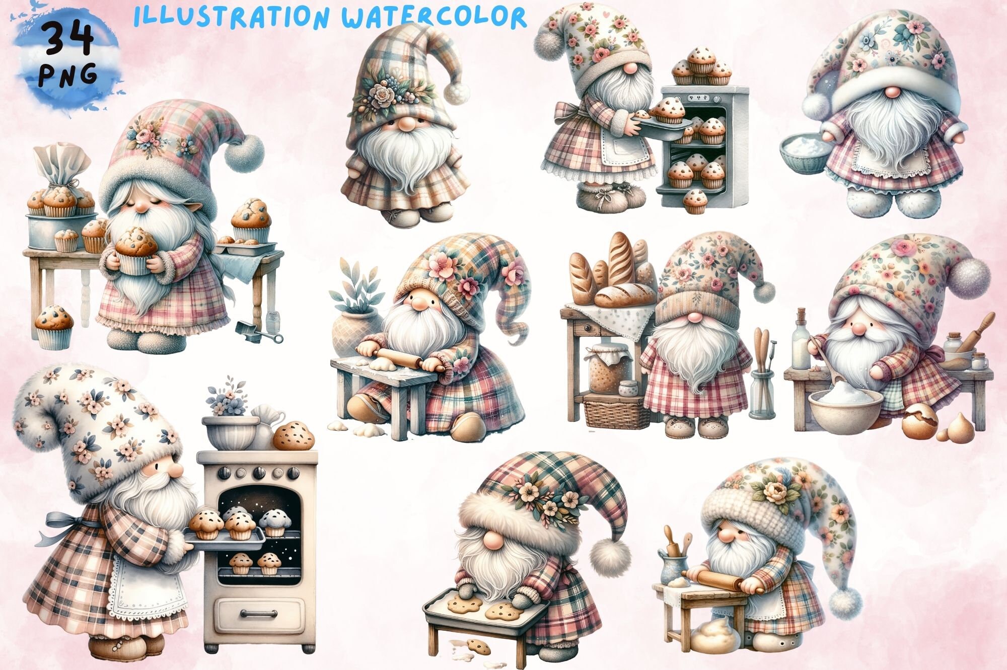 Baker Gnome Watercolor Clipart, Gnome Pastry Chef Clipart, Chef Gnome ...