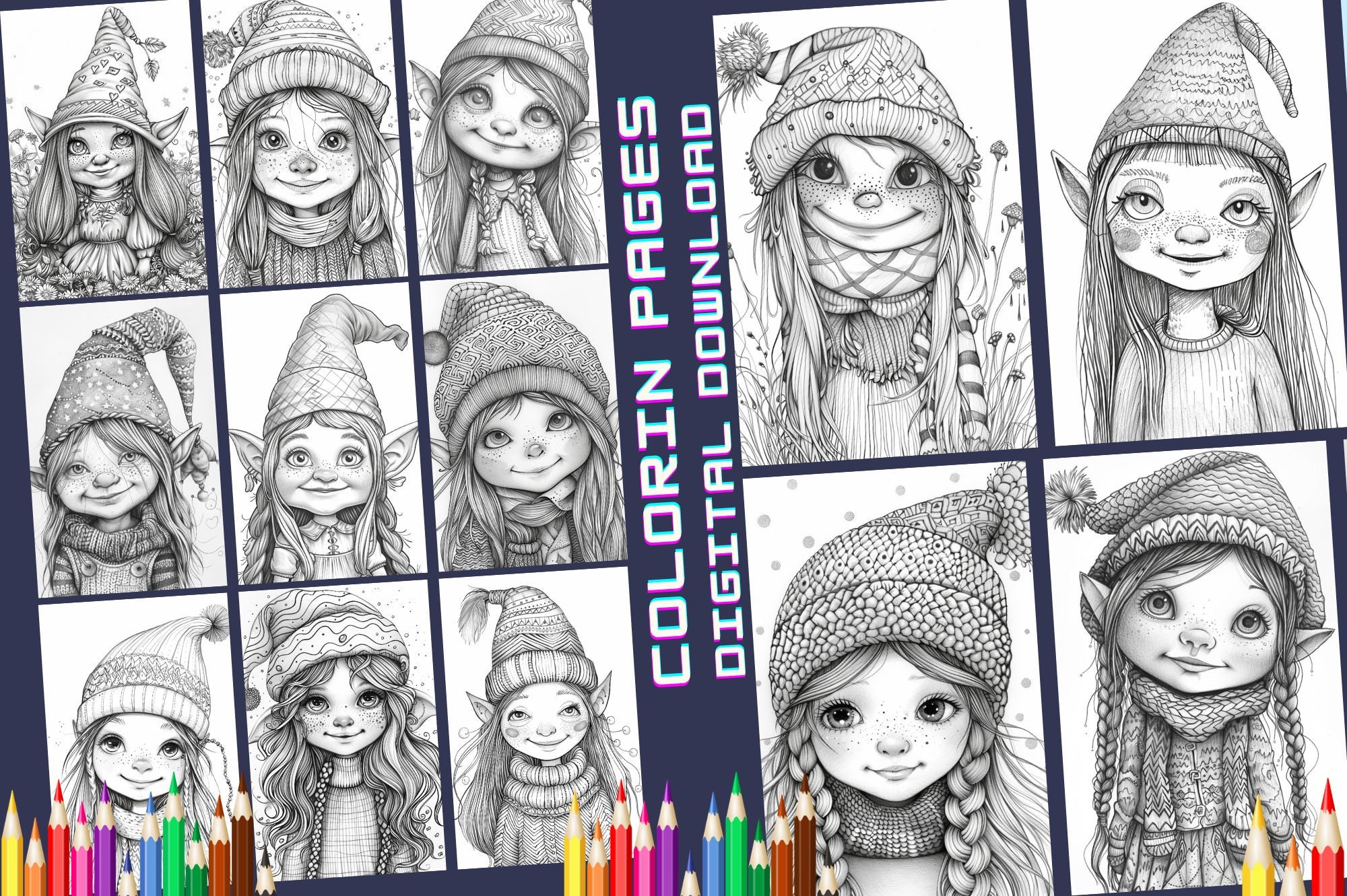 Cute Gnome Girl Coloring Pages for Kids & Adults, Gnome Girl Fantasy ...