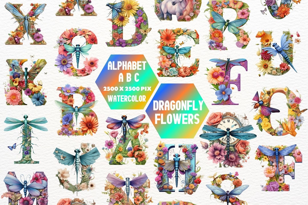 Dragonfly Bouquet Alphabet Clipart, Watercolour Dragonfly Illustration ...