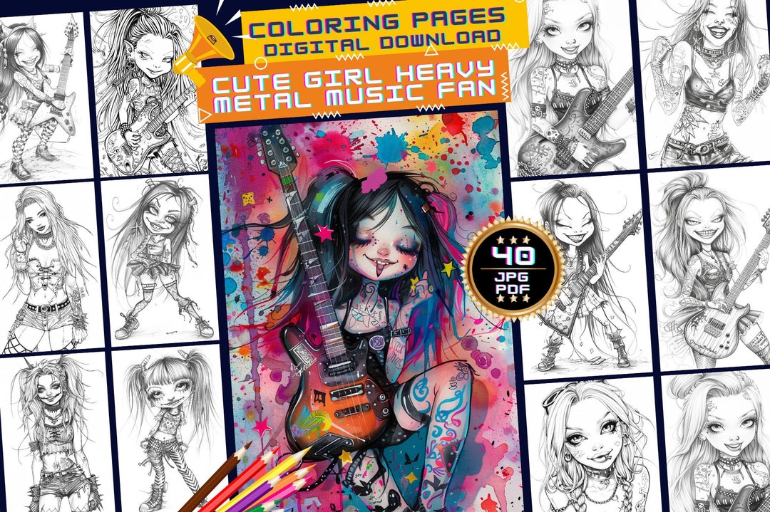 Cute Girl Heavy Metal Music Fan Coloring Page, Punk Coloring Pages ...