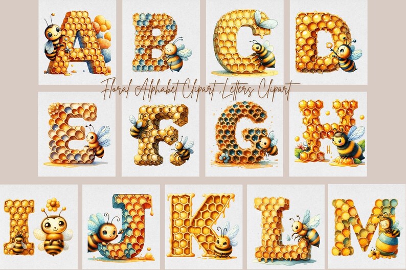 Honey Bee Clipart: Honeycomb Doodle Alphabet (PNG) - Etsy