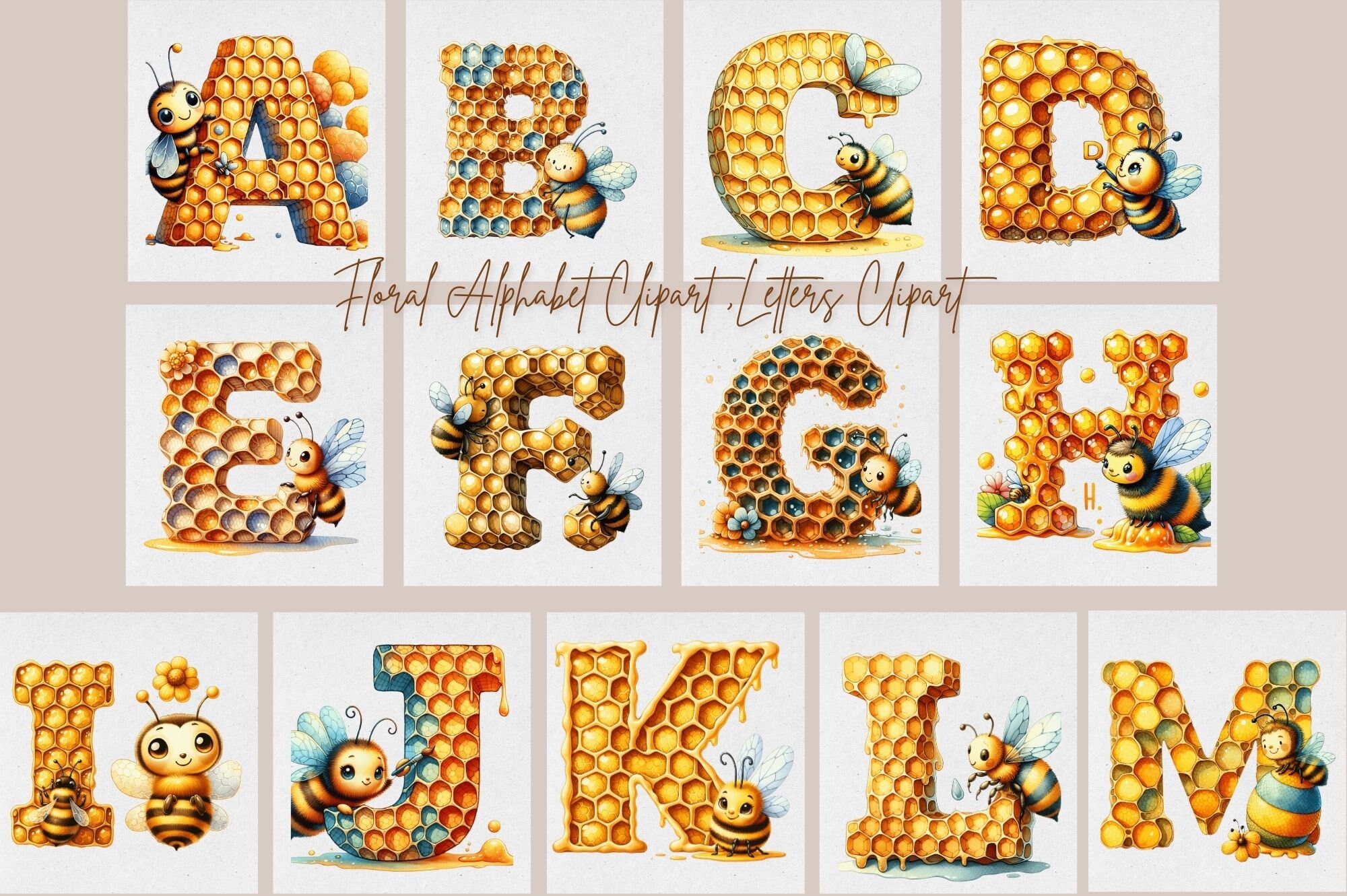 Honey Bee Clipart: Honeycomb Doodle Alphabet (PNG) - Etsy