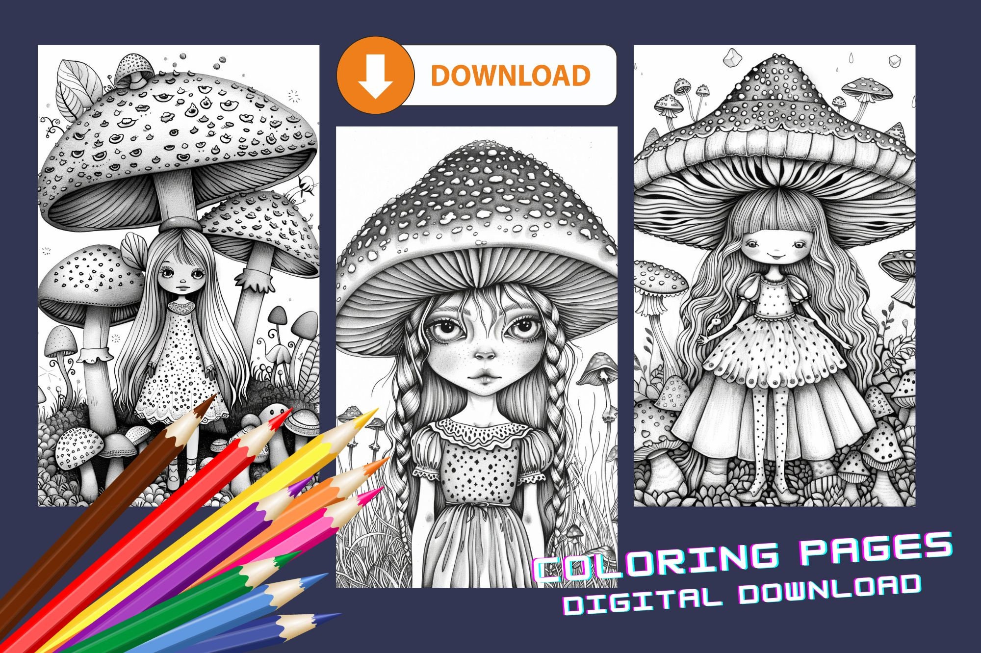 Mushroom Girls Coloring Book, Printable PDF, Fantasy Floral Mushroom ...