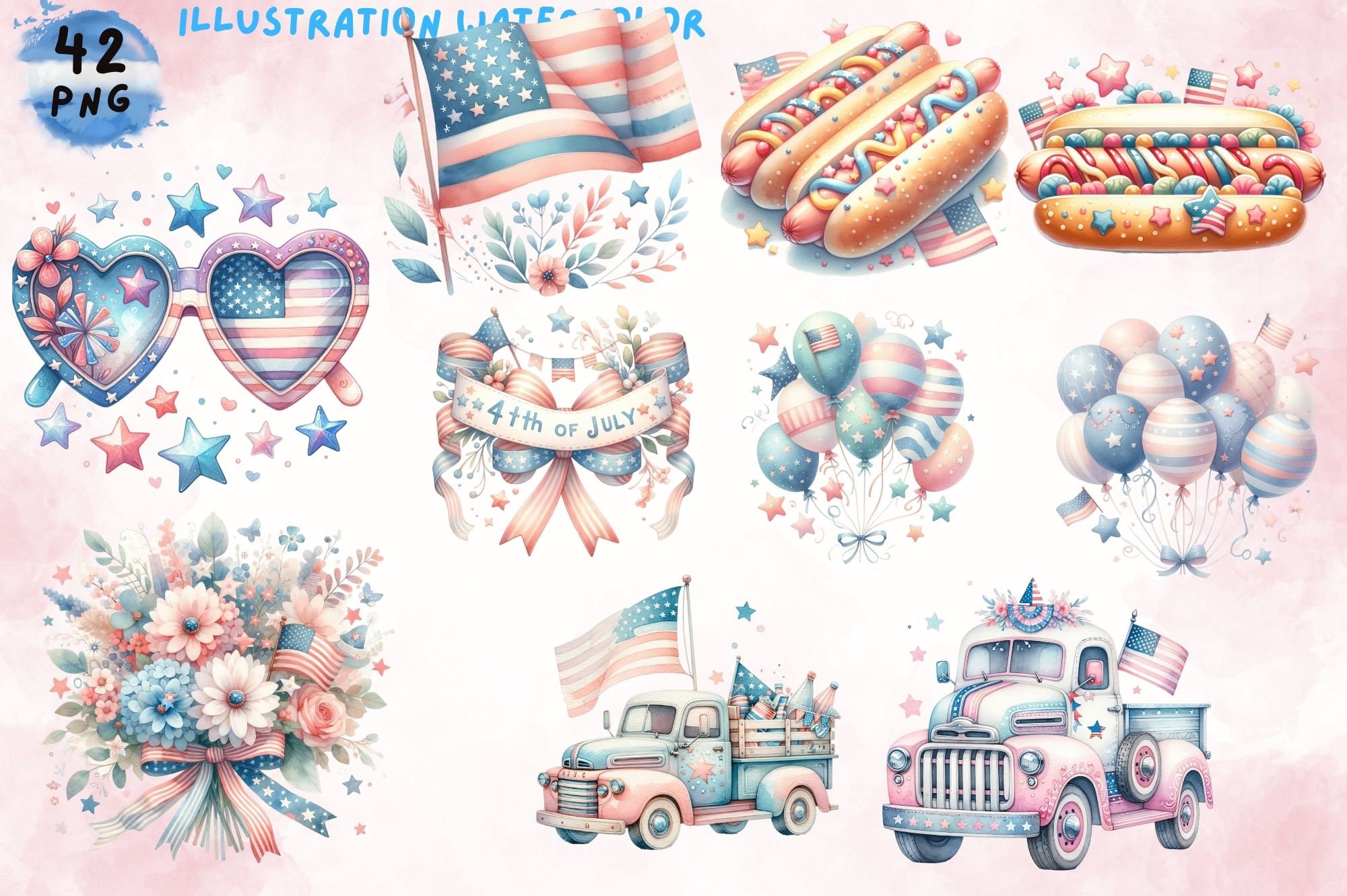 4th of July Watercolor Clipart Bundle, Independence Day Clipart ...