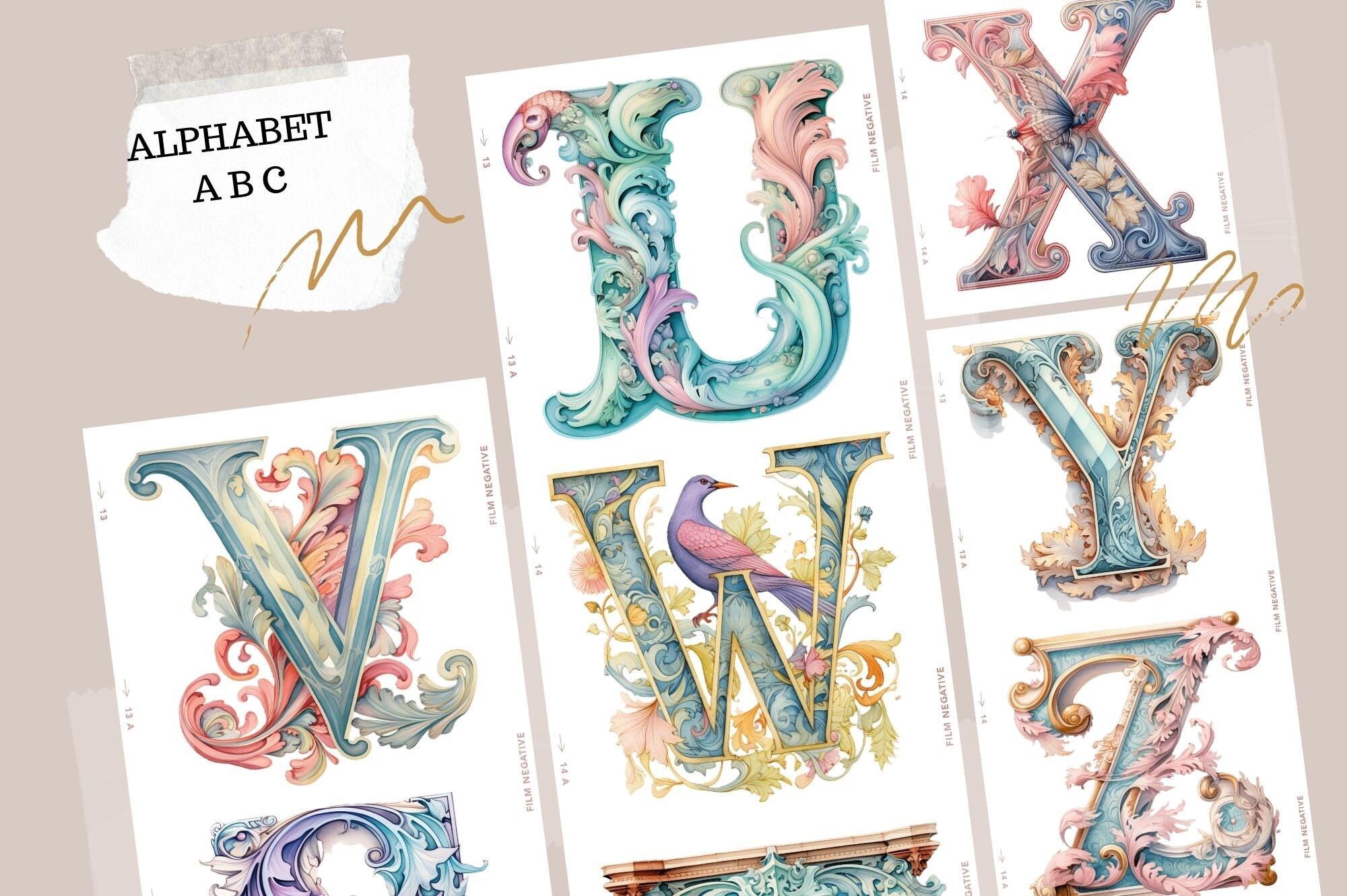 Art Nouveau Pastel Clipart, Full English Alphabet, Mystical ...
