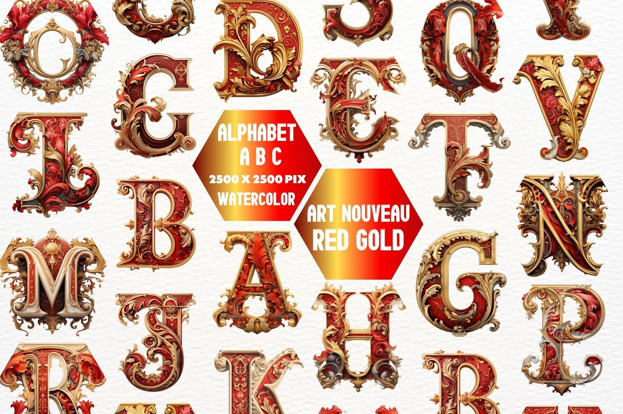 Art Nouvea Letters Clipart , Regal Red Gold Alphabet, Alphabet, Gold ...