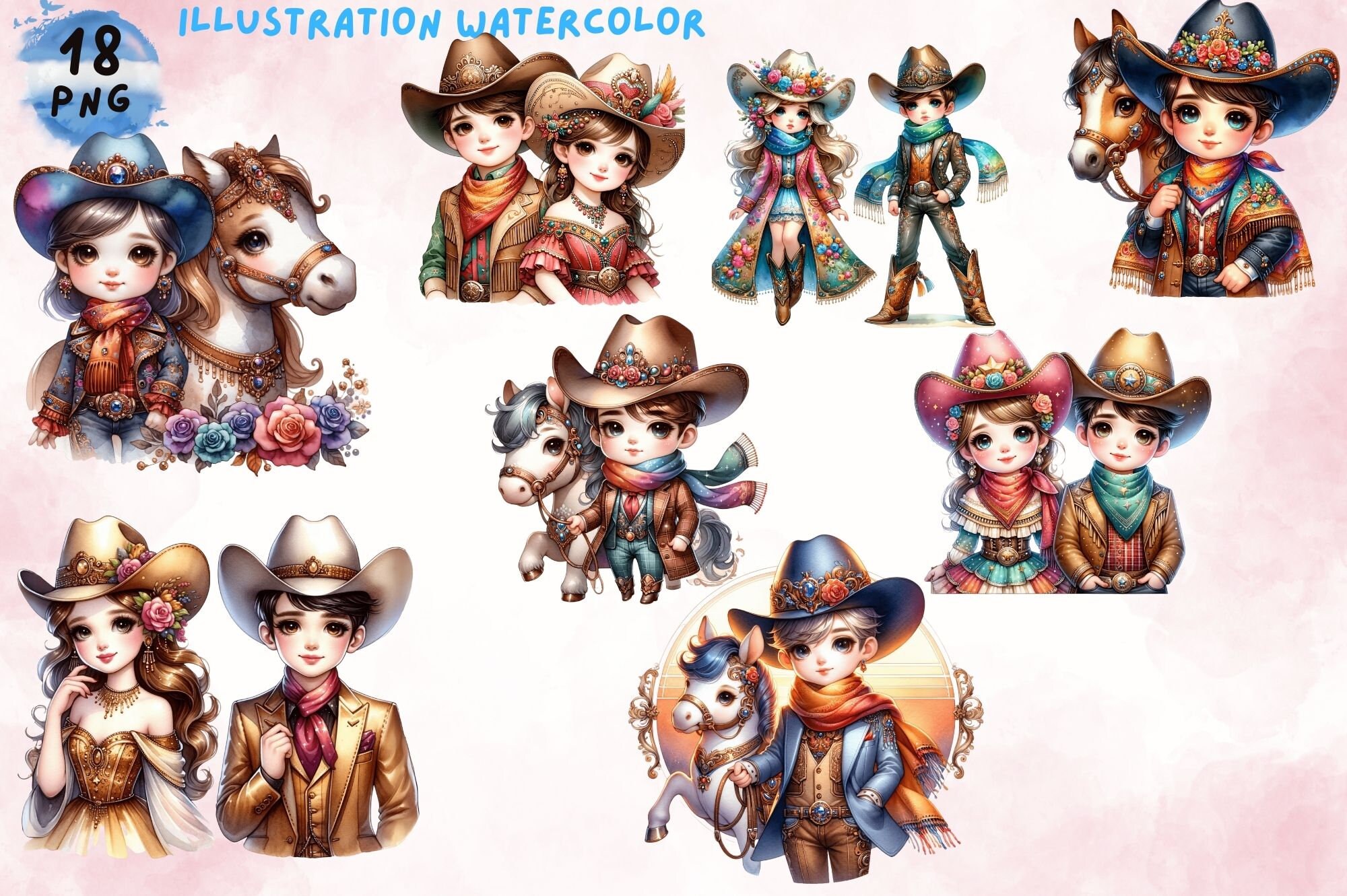 Cowboy Clipart, Cowgirl Clipart, Children's Party Horse Clipart ...