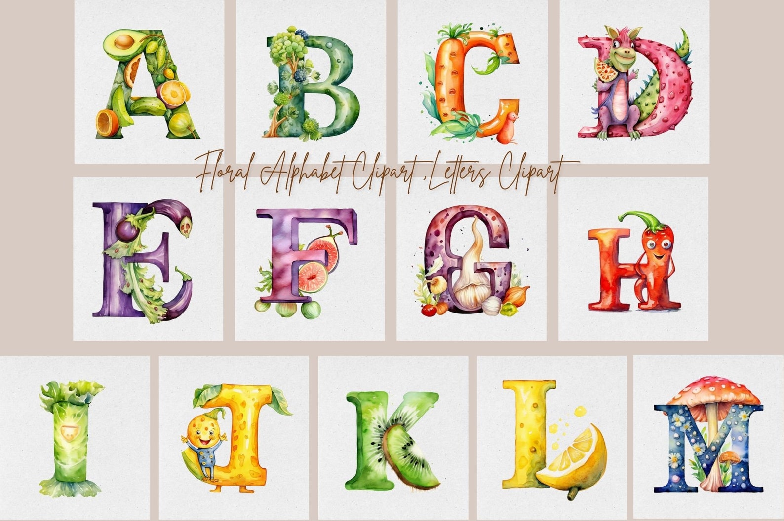 Fruits and Vegetables Alphabet Clipart, Vegetables Letterst, Fruit and ...