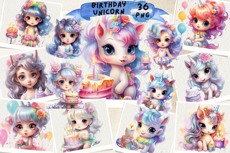 Little Girl Unicorn Birthday Clipart Unicorn Watercolor - Etsy