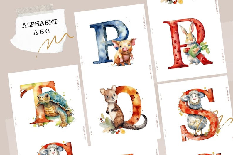 Cute Animal Alphabet Digital Watercolor Clipart Cute ABC - Etsy