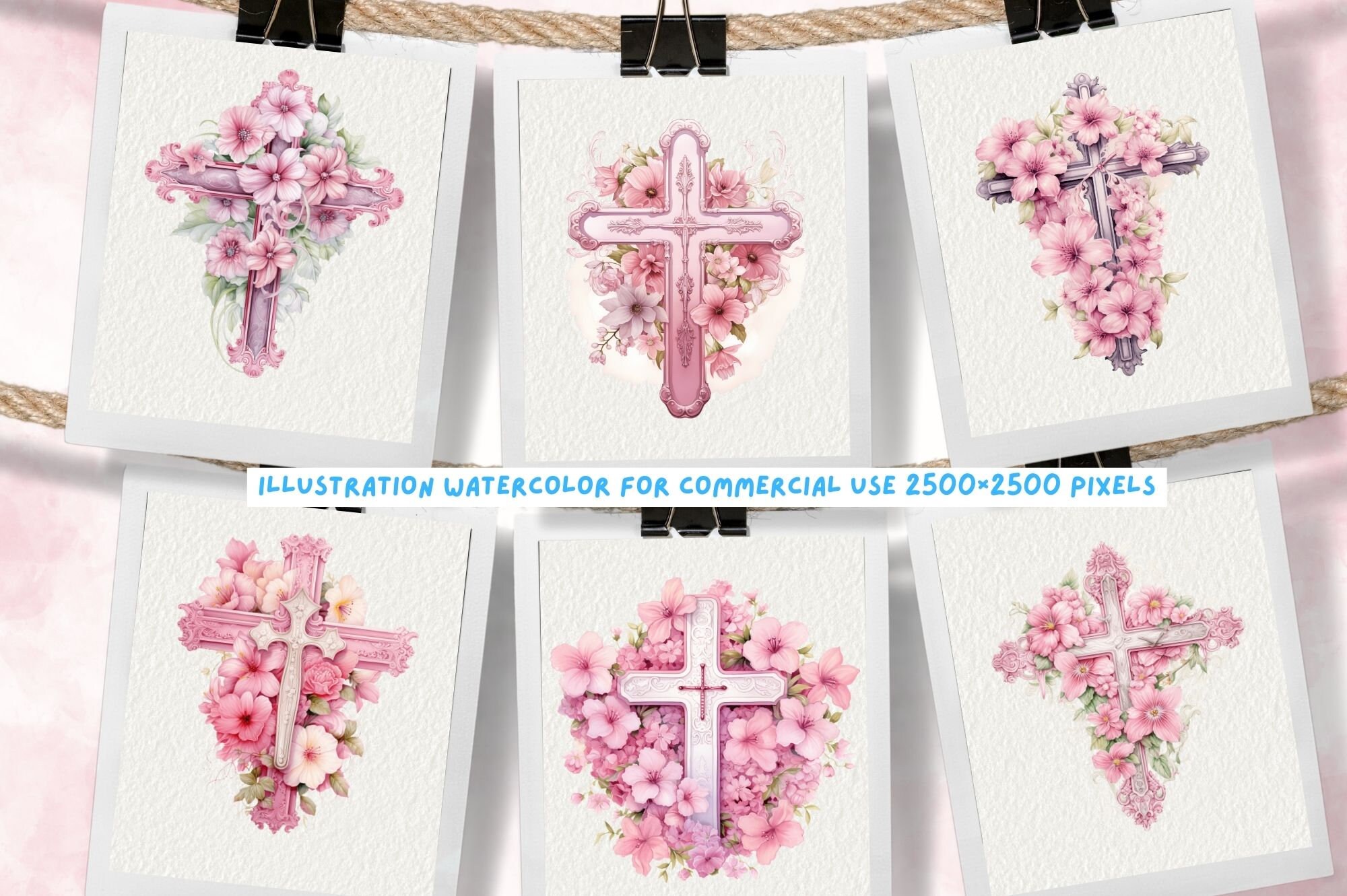 Pink Crosses Watercolor Clipart, Floral Cross Clipart, Wooden Cross ...