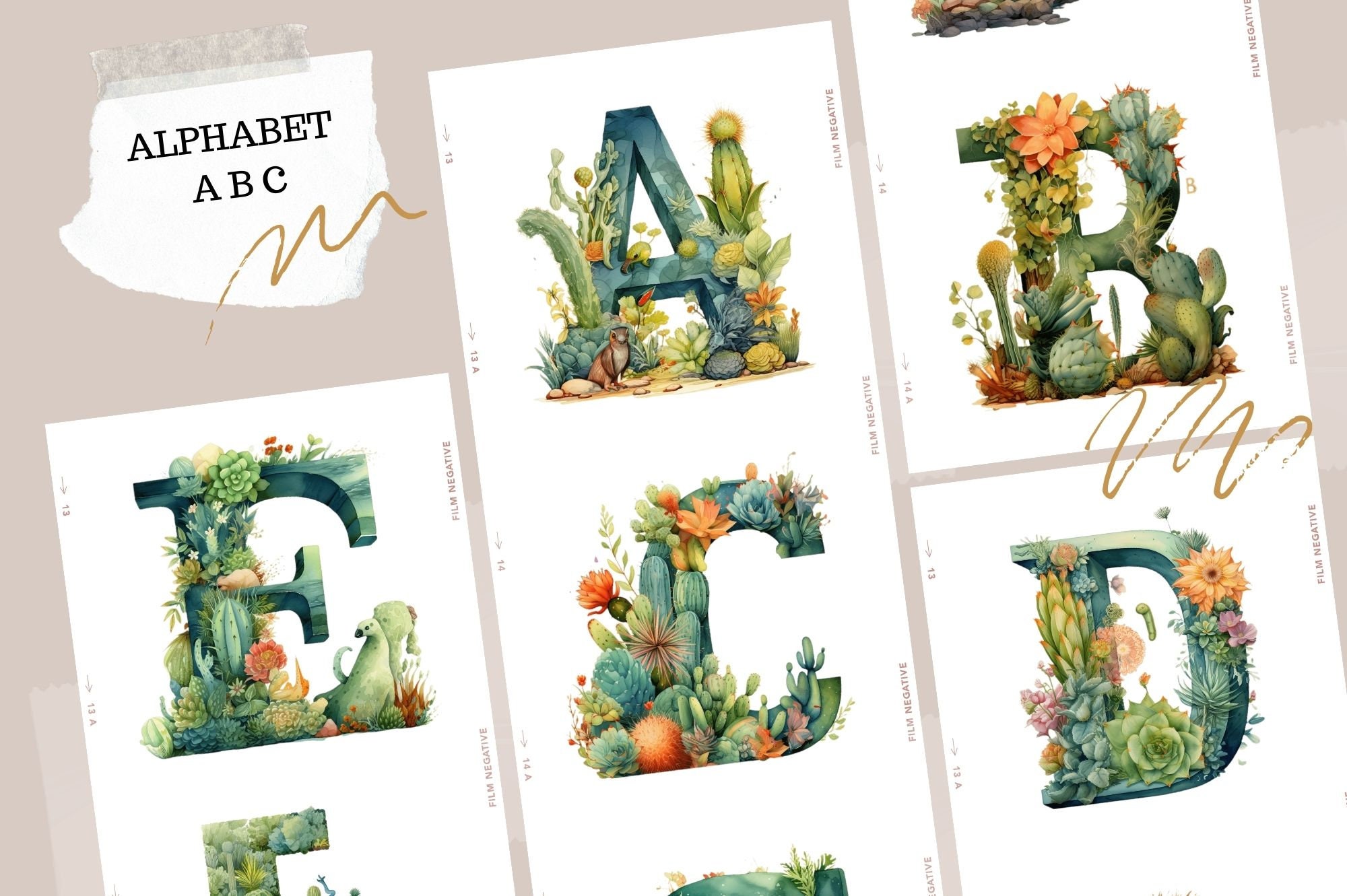 Cactus Alphabets Clipart, Cactus Alphabet, Succulent Font, Succulent ...