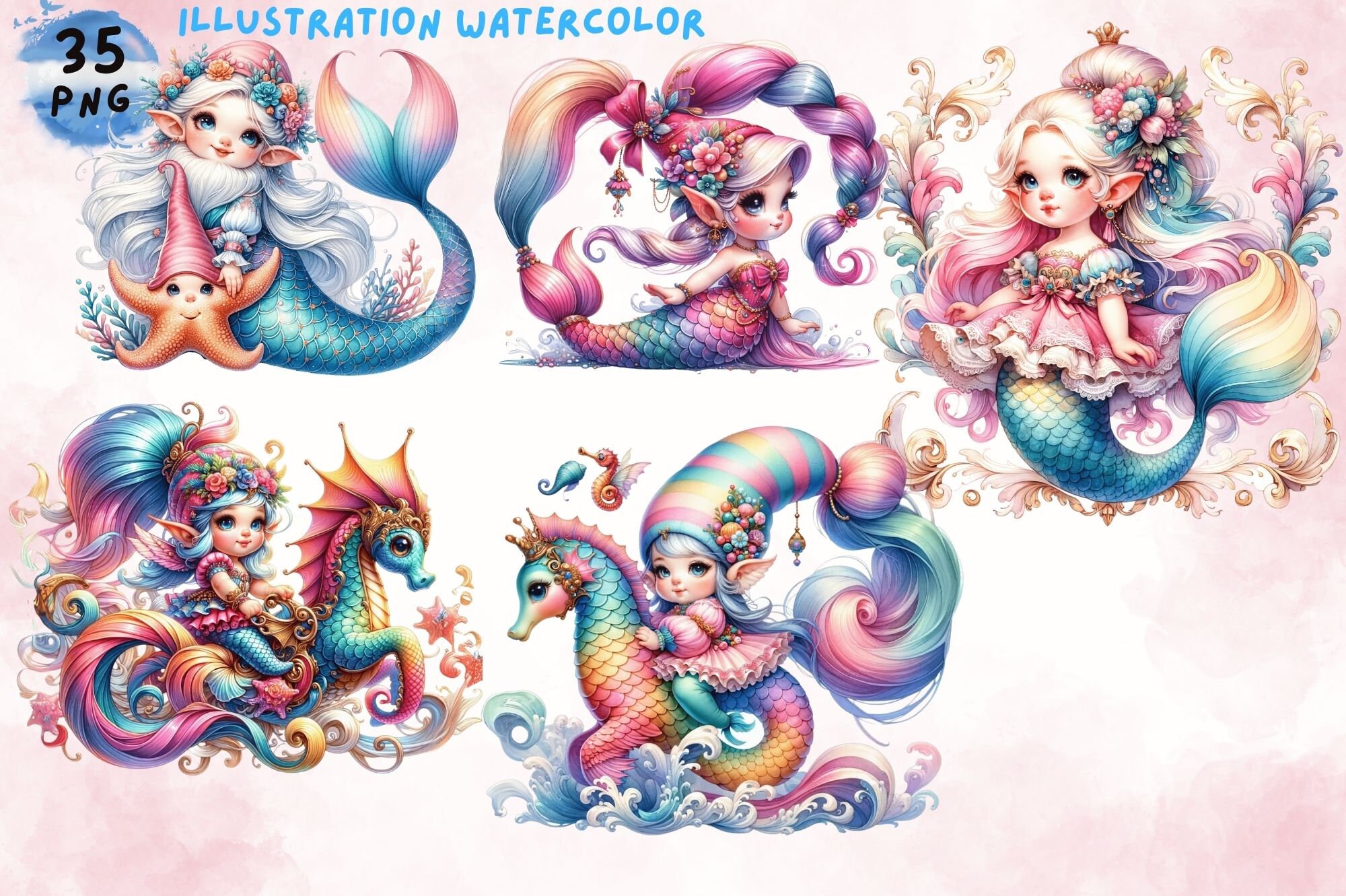Mermaid Gnome Watercolor Clipart, Cute Fairytale Clipart, Pastel Gnome ...