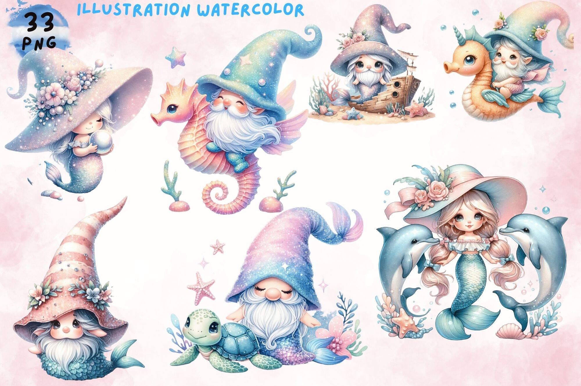 Gnome Mermaid Clipart, Watercolor Fairytale Clip Art, Nursery Decor ...