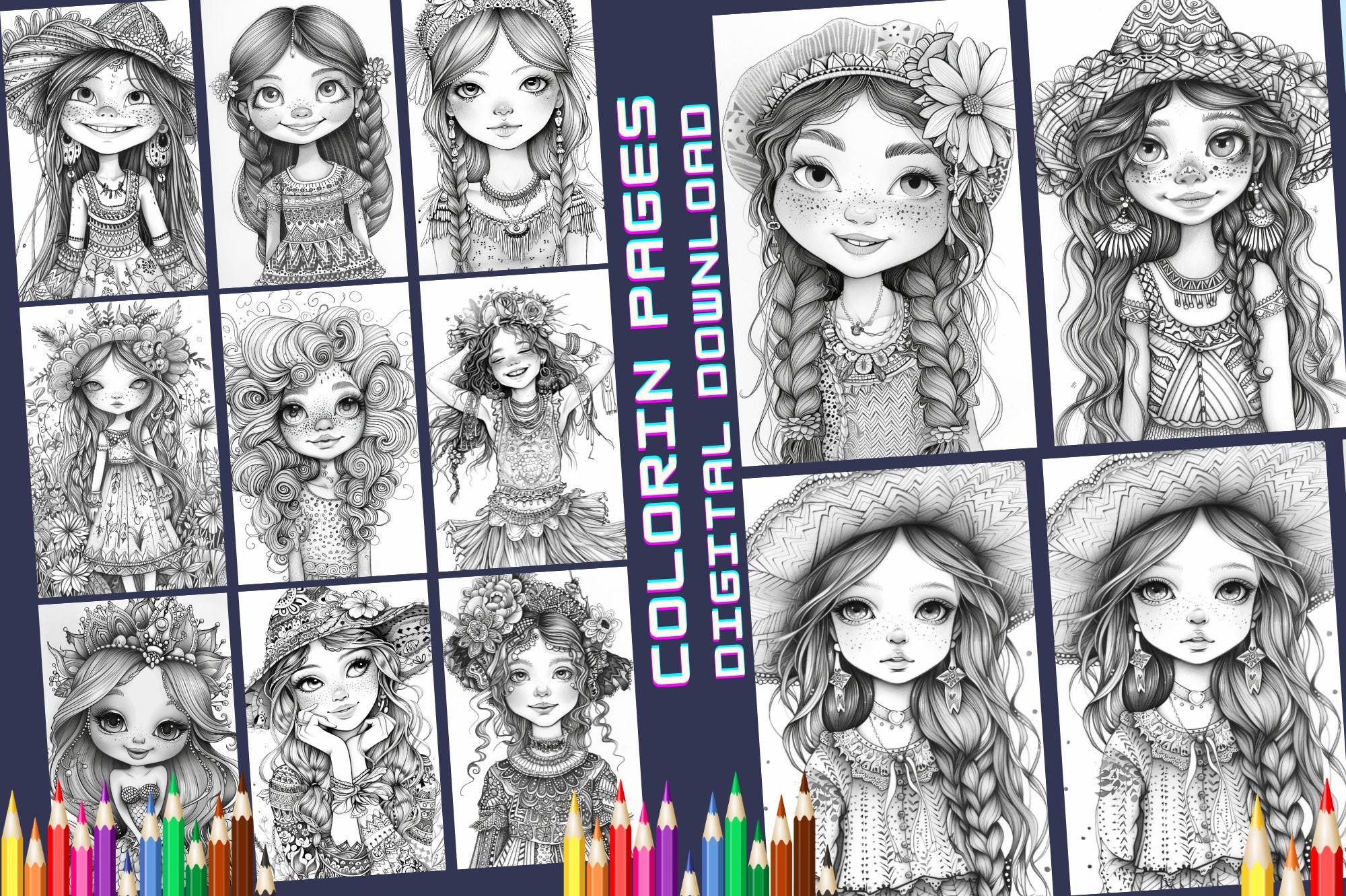 Bohemian Style Girls Coloring Pages, Printable PDF, Boho Rustic Fashion ...