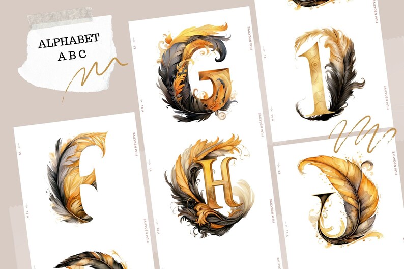 Golden Feather Alphabet Clipart , Gold and Silver Feathers Alphabet ...
