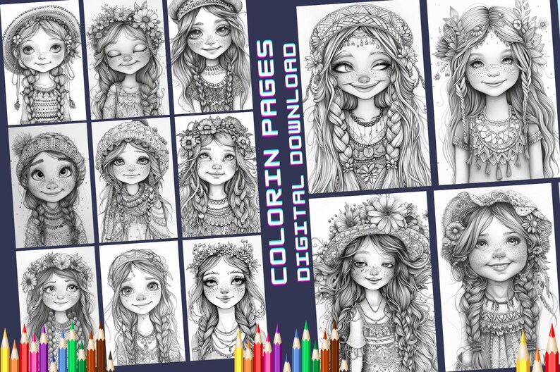 Cute Boho Girl Coloring Pages, Hippie Girl Floral Printable Coloring ...