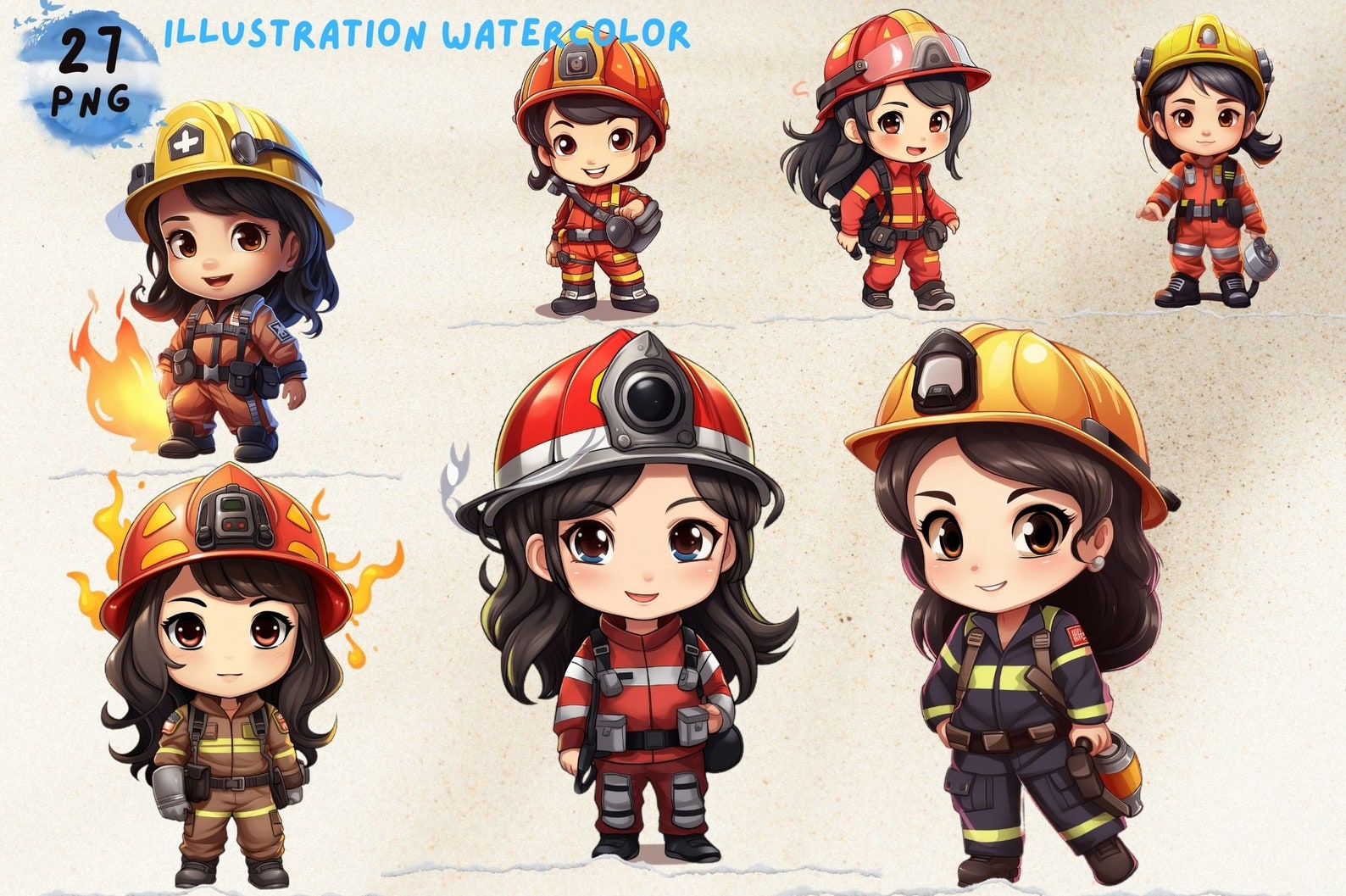 Cute Firefighter, Girl and Boy Chibi Clipart, Firefighter Png, Fire ...