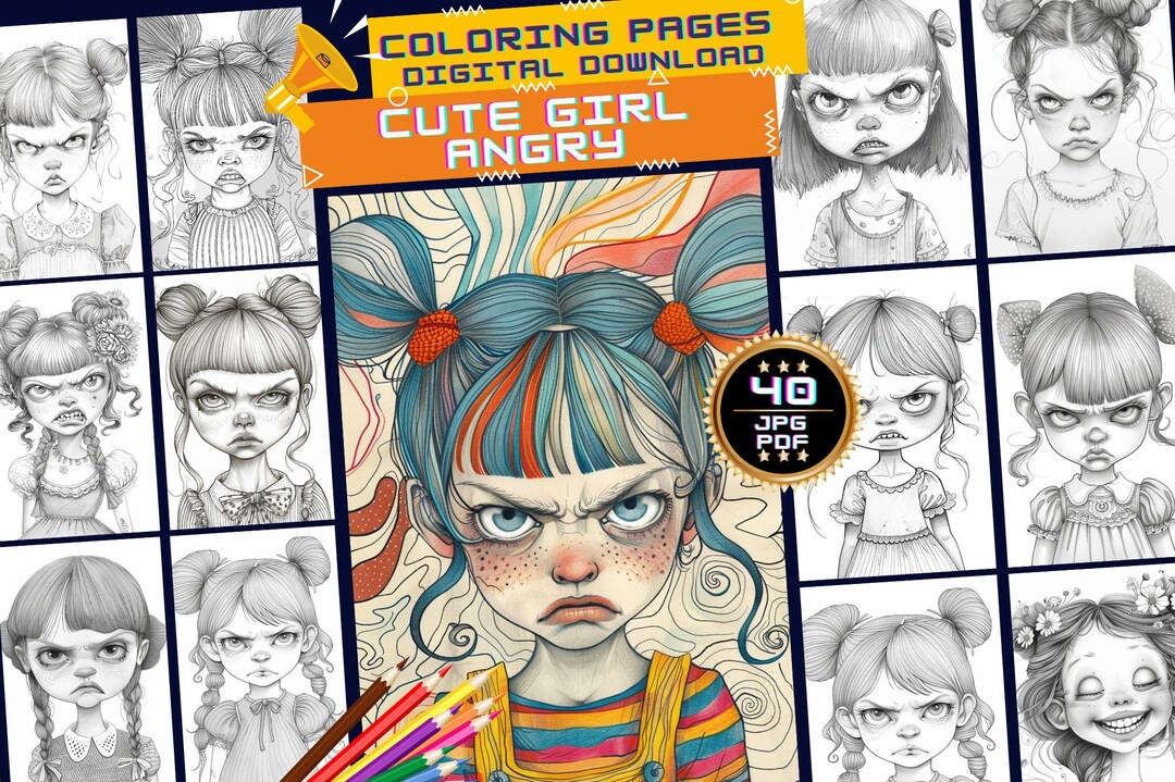 Angry Girl Coloring Pages: Funny Grayscale Art (JPG + PDF) - Etsy