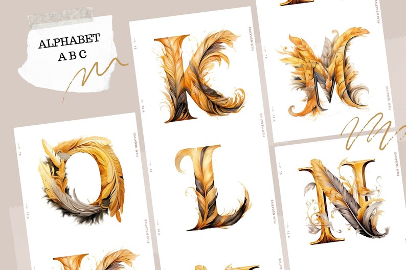 Golden Feather Alphabet Clipart , Gold and Silver Feathers Alphabet ...