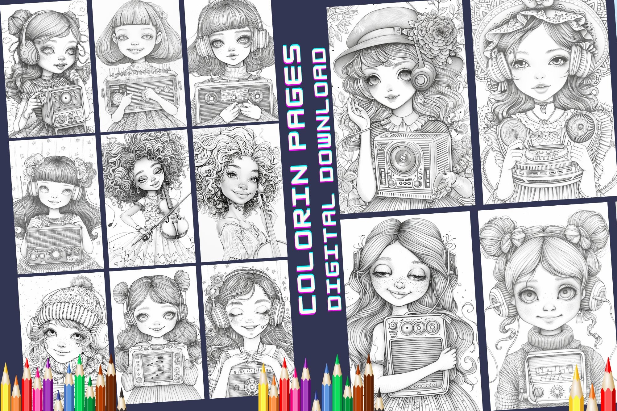 Cute Girl Vintage Radio Coloring Page, Girl Radio Vintage, Radio Girl ...