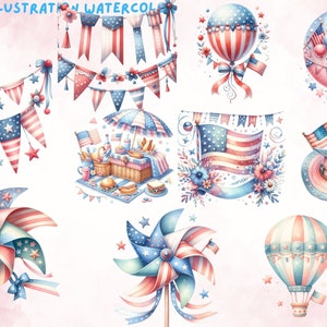 Cute Independence Day Clipart, 4th of July Watercolor Clipart Bundle ...