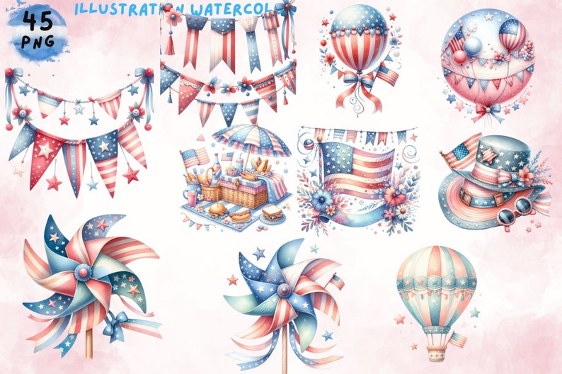 Cute Independence Day Clipart, 4th of July Watercolor Clipart Bundle ...