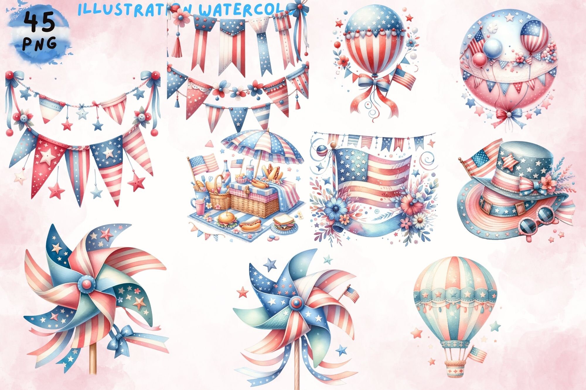 Cute Independence Day Clipart, 4th of July Watercolor Clipart Bundle ...