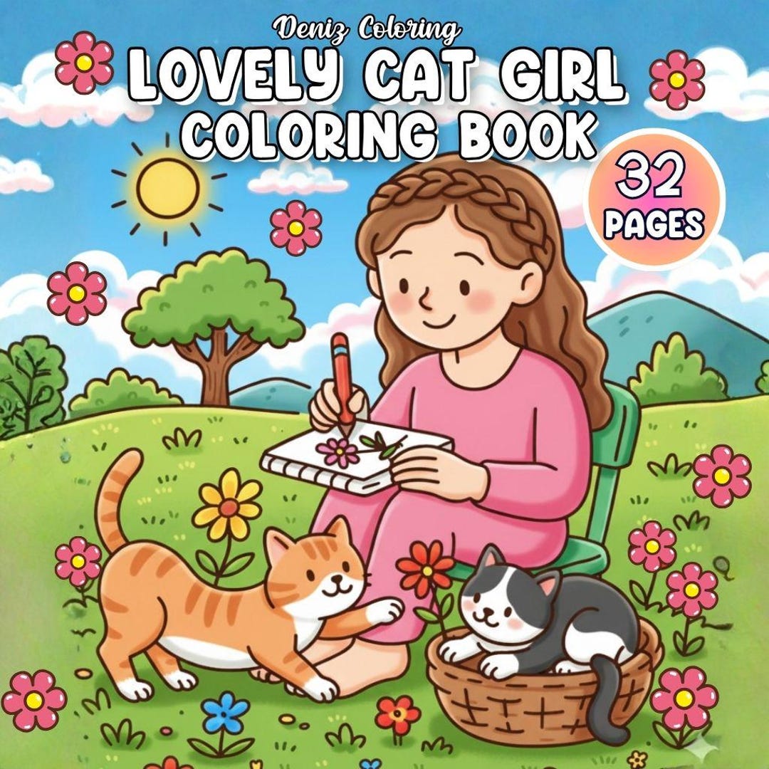 Lovely Cat Girl Coloring Page for Kids and Adults – Cute Anime Catgirl ...
