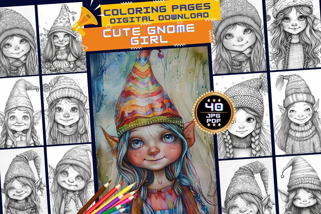 Cute Gnome Girl Coloring Pages for Kids & Adults, Gnome Girl Fantasy ...