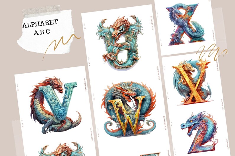 Chinese Dragons Letters Clipart Illuminated Fantasy Dragon - Etsy