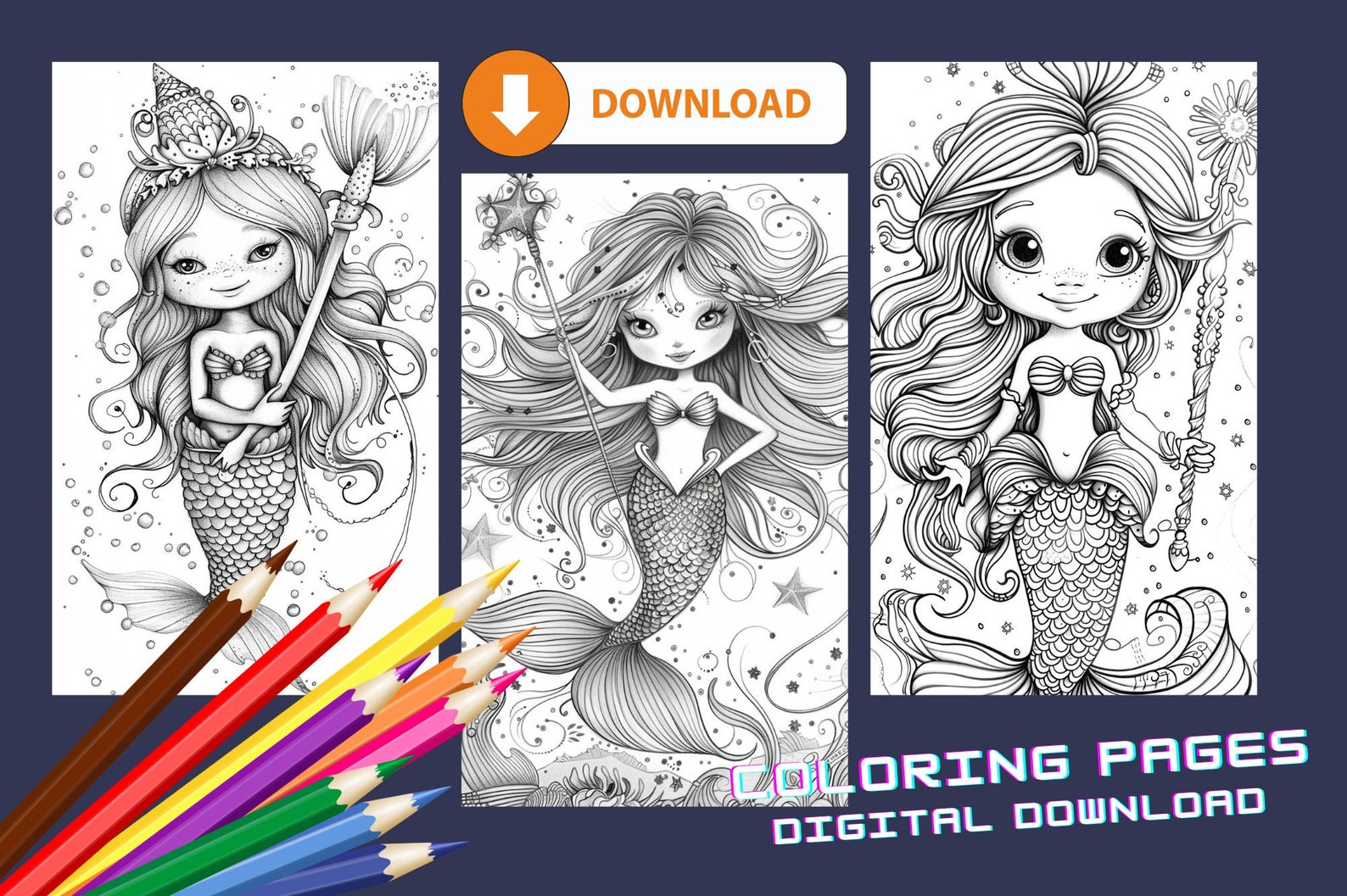 Kawaii Mermaid Coloring Page, Mermaid Coloring Book Pages for Girls ...