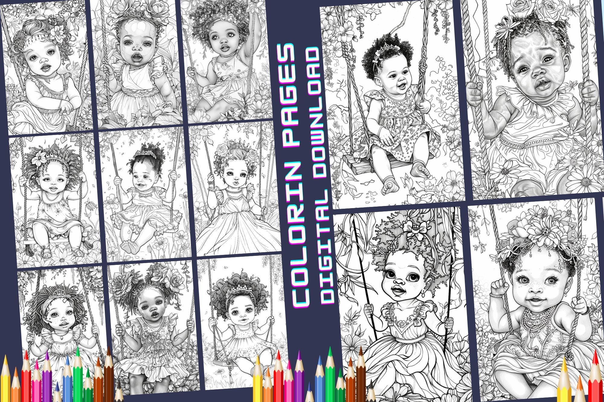 Cute Baby African Girls, Little Black Girls on Swings Coloring Page ...