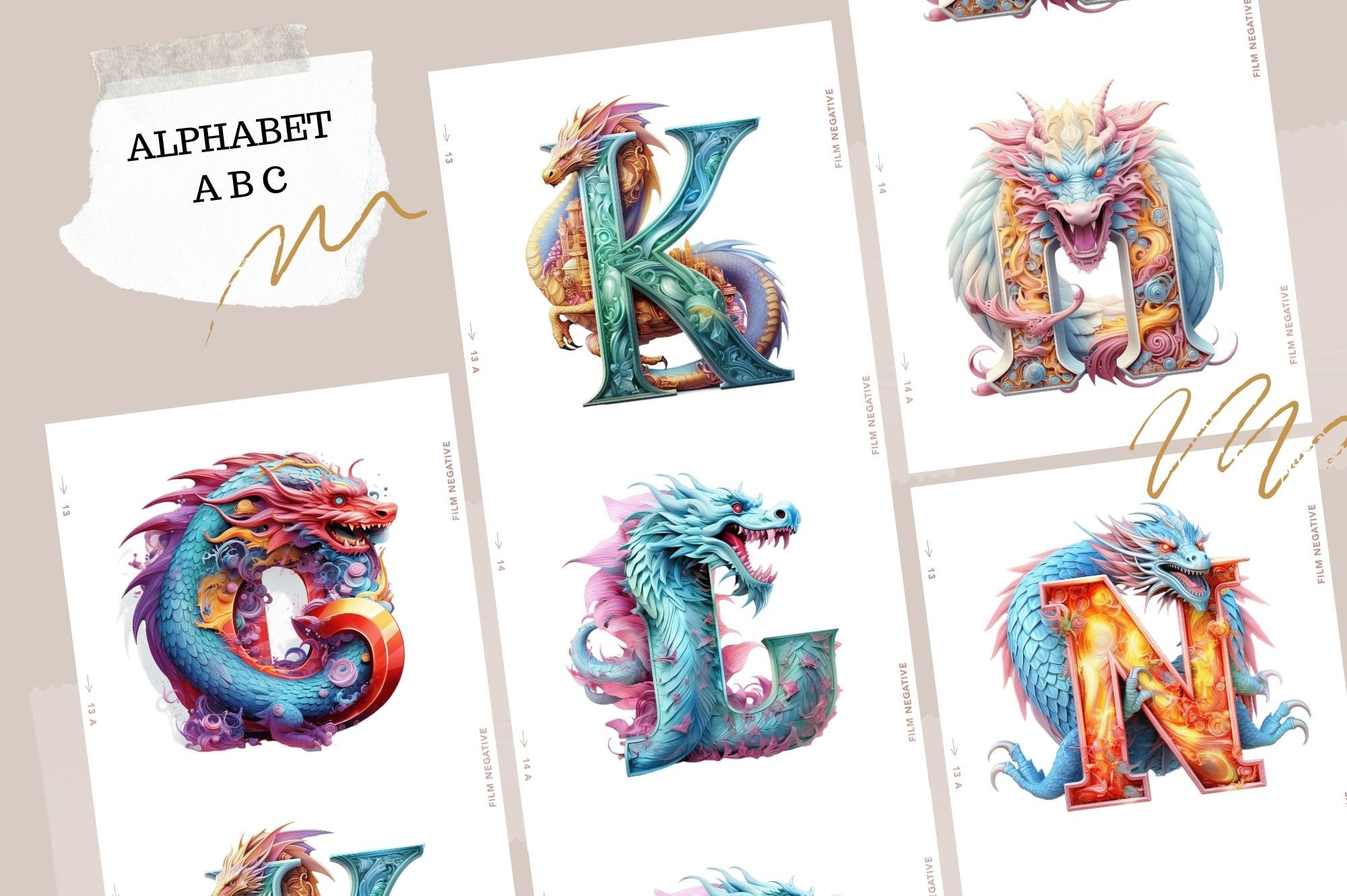 Chinese Dragons Letters Clipart Illuminated Fantasy Dragon - Etsy