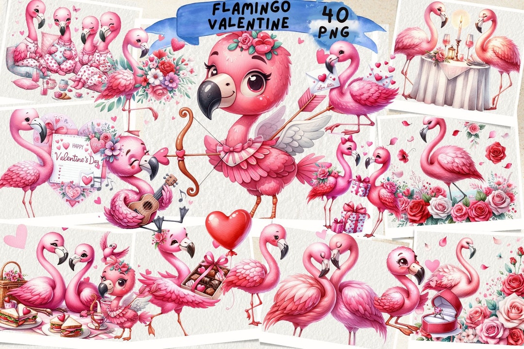 Valentines Flamingos Watercolor Clipart, Cute Valentine Flamingo ...