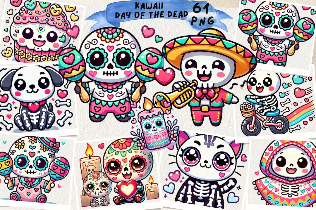 Kawaii Day of the Dead Clipart Set, Cute Dia De Los Muertos, Sugar ...