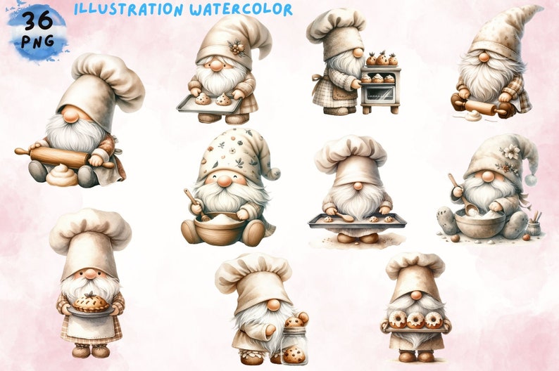 Baker Gnome Watercolor Clipart, Gnome Pastry Chef Clipart, Chef Gnome ...