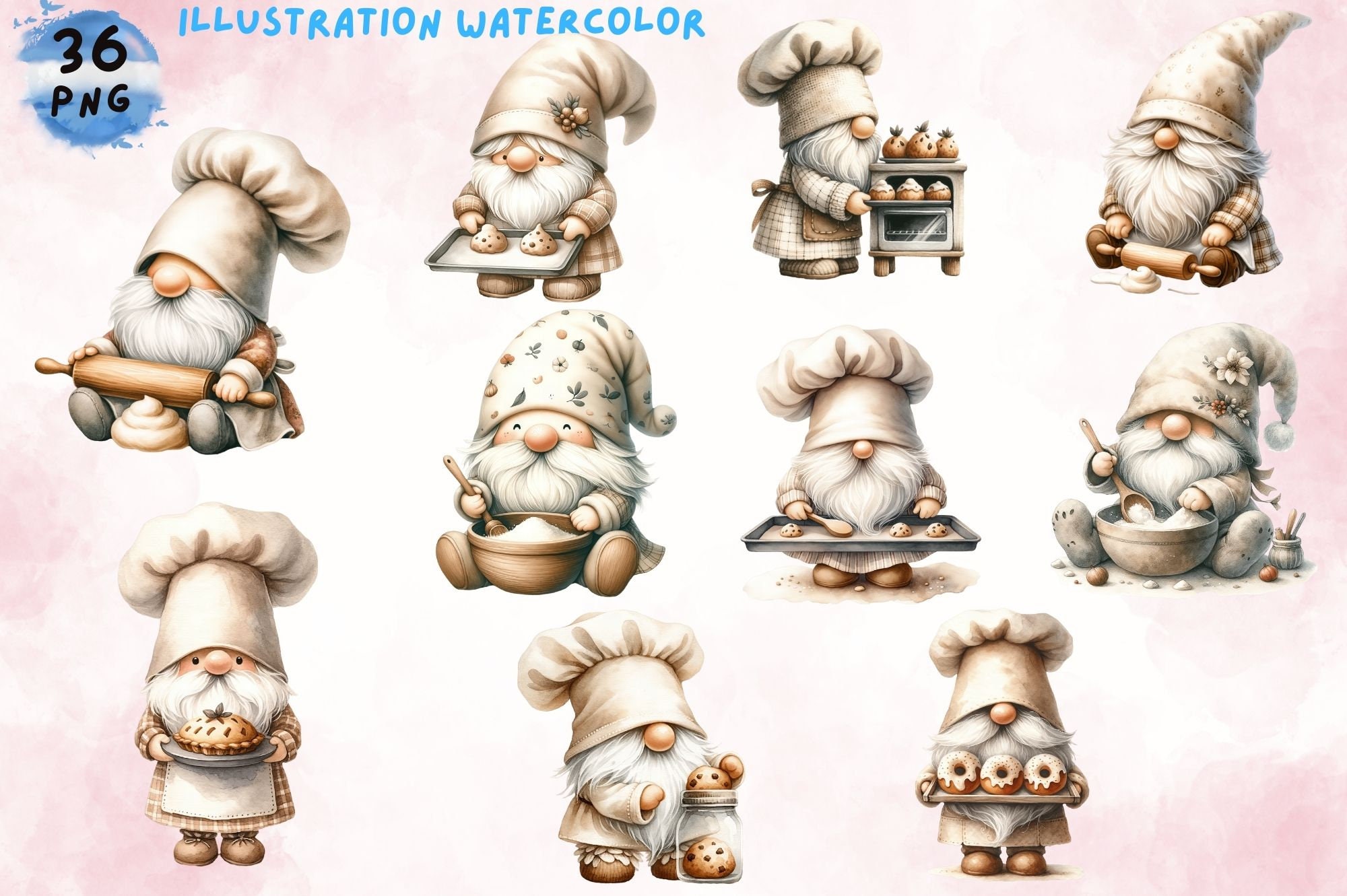 Baker Gnome Watercolor Clipart, Gnome Pastry Chef Clipart, Chef Gnome ...
