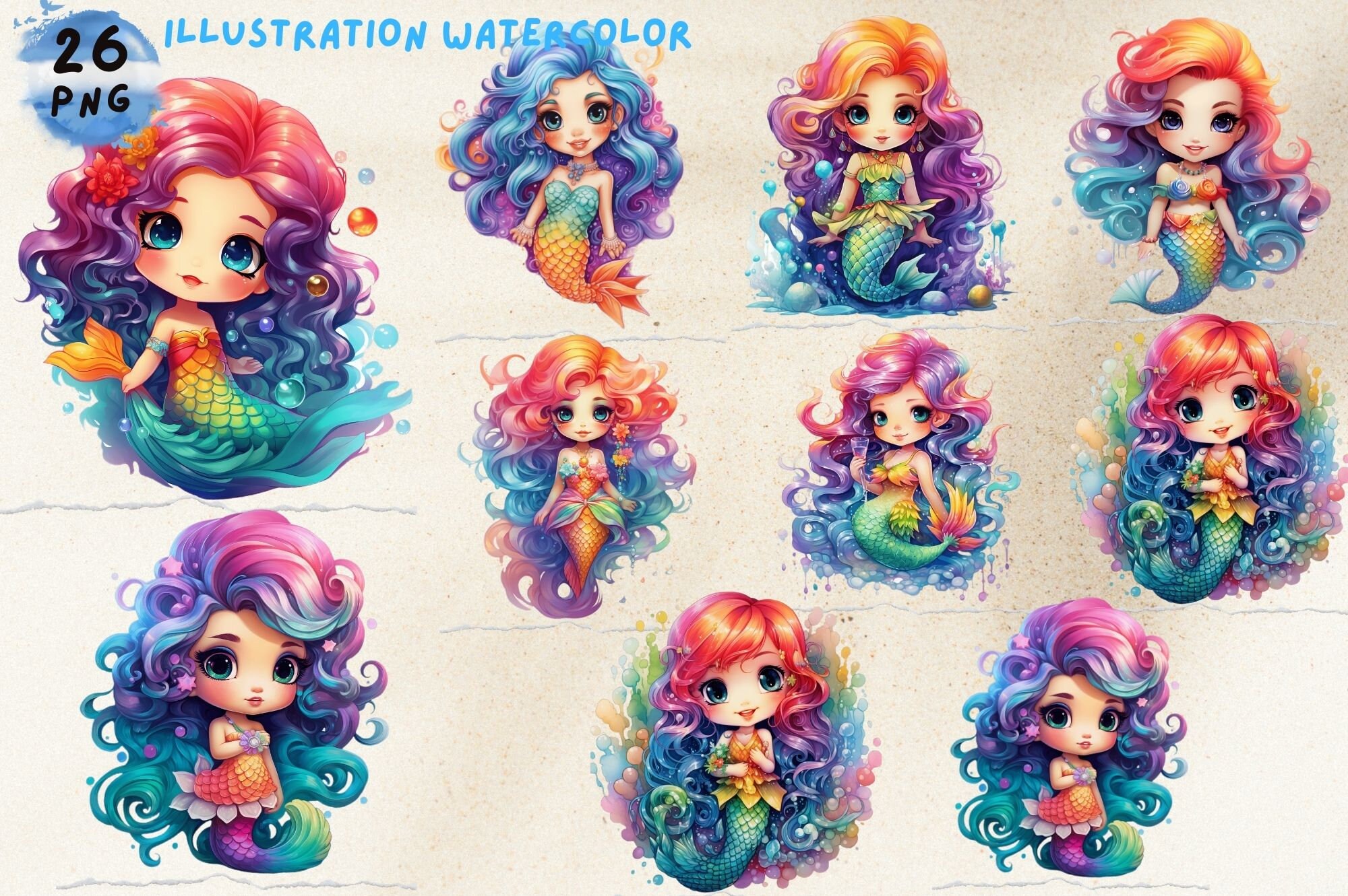 Mermaid Chibi Rainbow Clipart Little Mermaid PNG Mermaid - Etsy